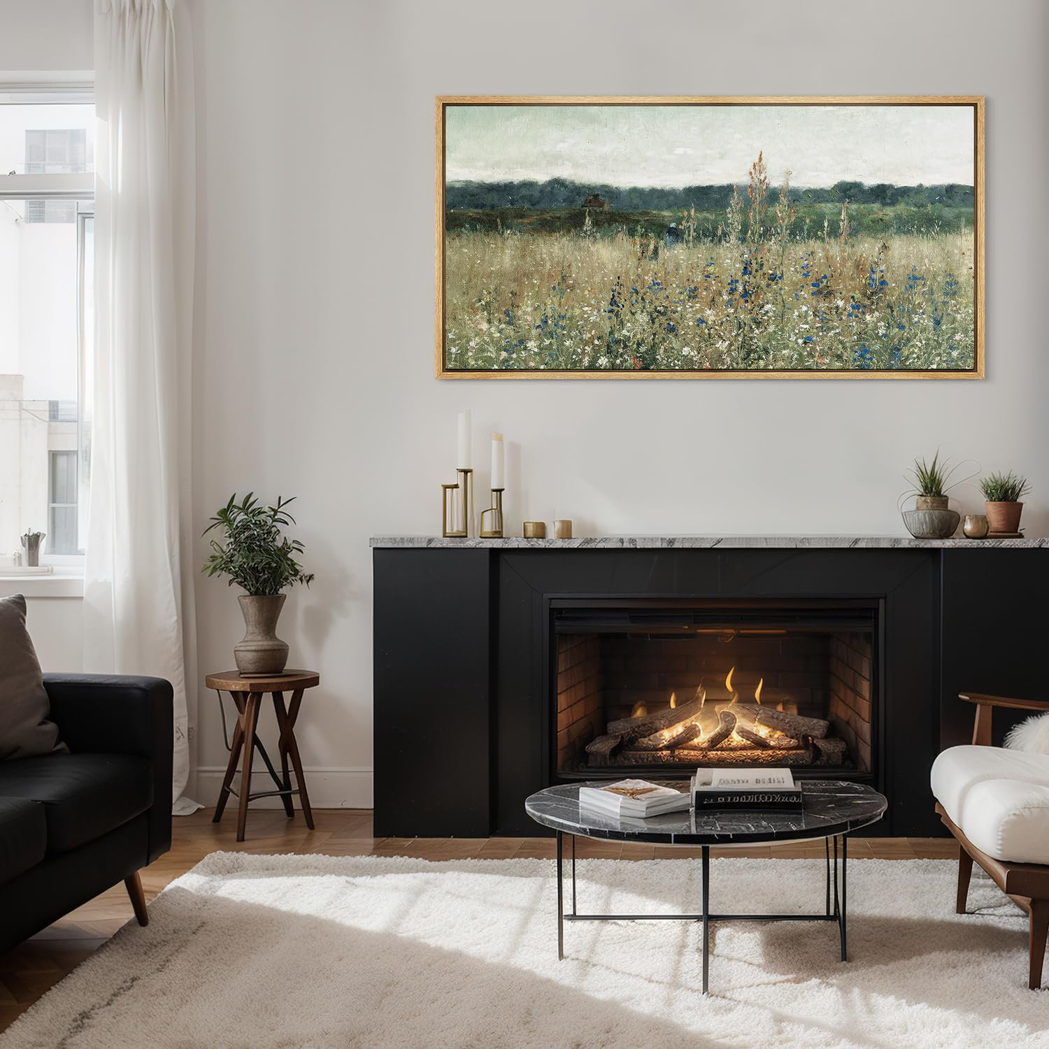 IDEA4WALL Rustic Countryside Field Wildflowers Vintage Countryside Nature Landscape Framed On ...